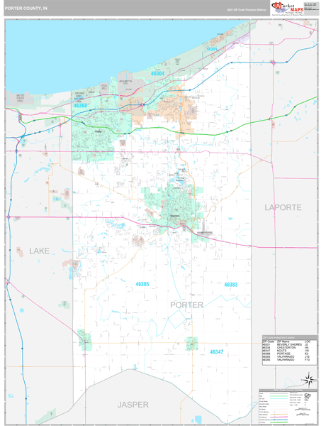 Porter County, IN Wall Map Premium Style by MarketMAPS