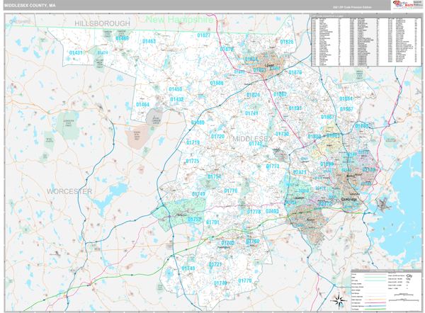 Middlesex County, MA Wall Map Premium Style by MarketMAPS