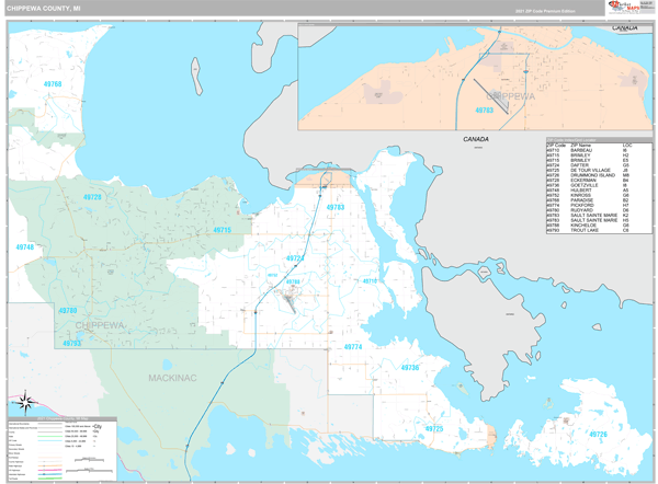 Chippewa County, MI Wall Map Premium Style by MarketMAPS