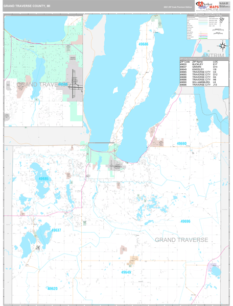 Grand Traverse County, MI Wall Map Premium Style by MarketMAPS