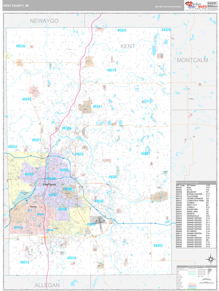 Kent County, MI Wall Map Premium Style by MarketMAPS