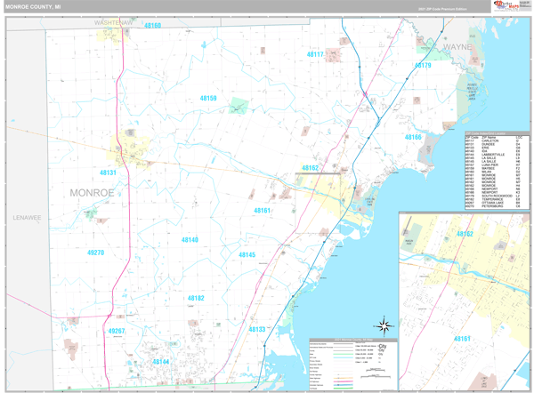 Monroe County, MI Zip Code Wall Map Premium Style by MarketMAPS