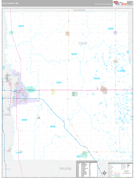 Clay County, MN Zip Code Wall Map Premium Style by MarketMAPS