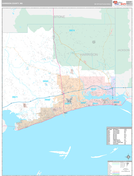 Harrison County, MS Wall Map Premium Style by MarketMAPS