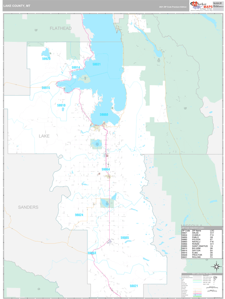 Lake County, MT Wall Map Premium Style by MarketMAPS