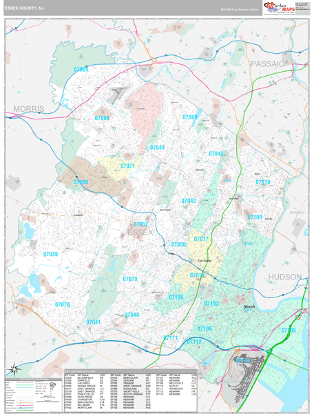 Essex County, NJ Wall Map Premium Style by MarketMAPS