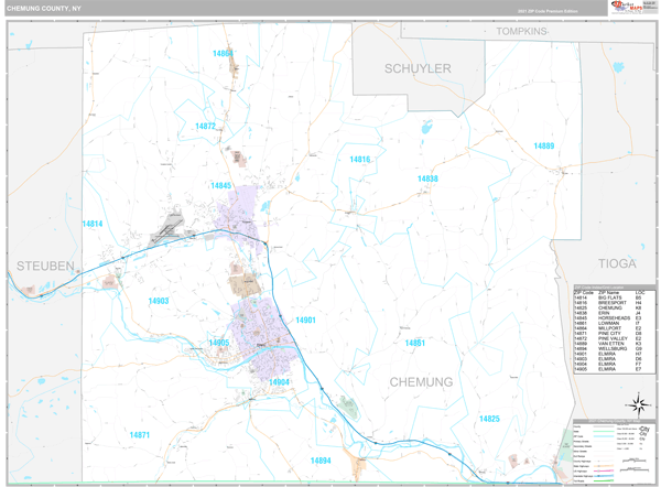 Chemung County, NY Wall Map Premium Style by MarketMAPS