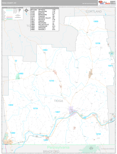 Tioga County, NY Wall Map Premium Style by MarketMAPS