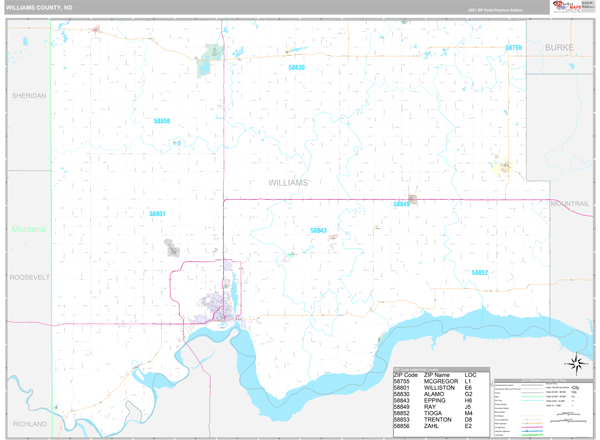 Williams County, ND Wall Map Premium Style by MarketMAPS