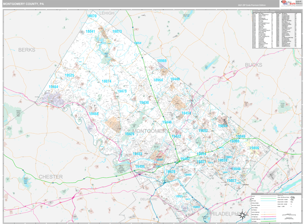 Montgomery County, PA Wall Map Premium Style by MarketMAPS