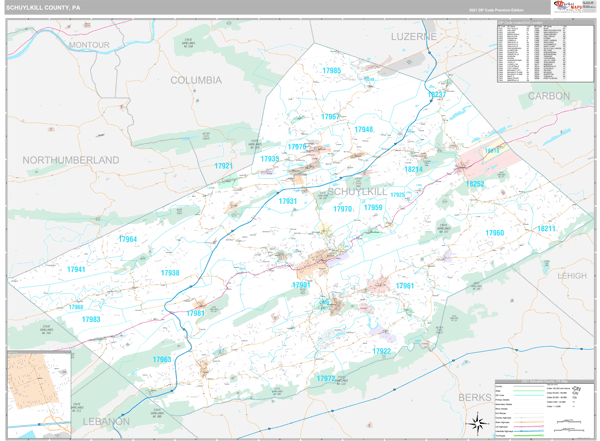 Schuylkill County, PA Wall Map Premium Style by MarketMAPS