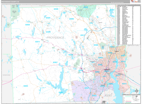 Providence County, RI Zip Code Wall Map Premium Style by MarketMAPS