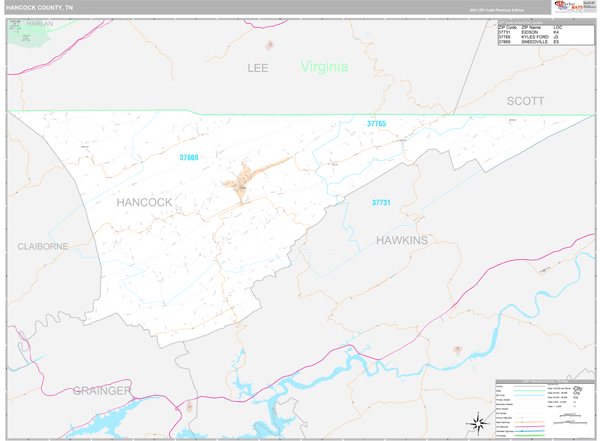 Hancock County, TN Wall Map Premium Style by MarketMAPS