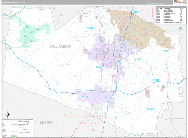 Williamson County, TN Wall Map Premium Style by MarketMAPS