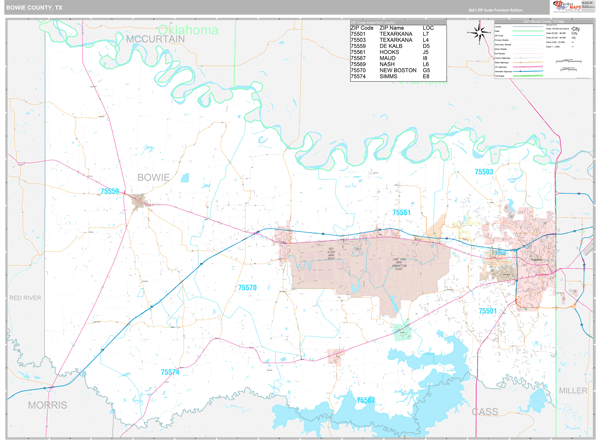 Bowie County, TX Wall Map Premium Style by MarketMAPS
