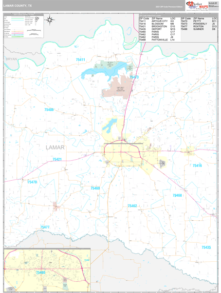 Lamar County, TX Wall Map Premium Style by MarketMAPS