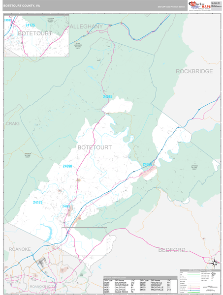Botetourt County, VA Wall Map Premium Style by MarketMAPS