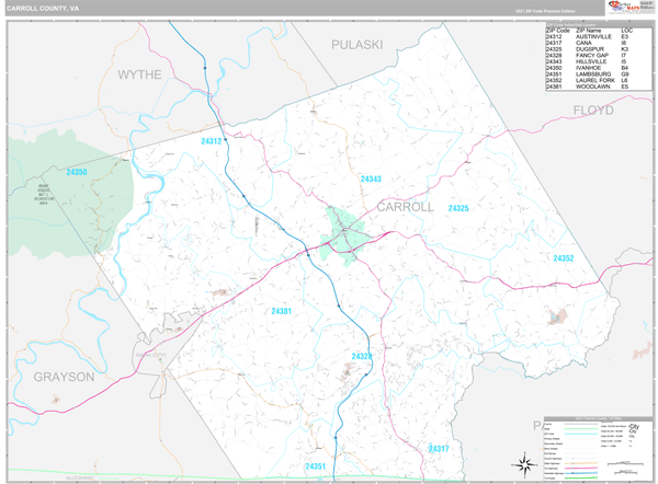 Carroll County, VA Zip Code Wall Map Premium Style by MarketMAPS