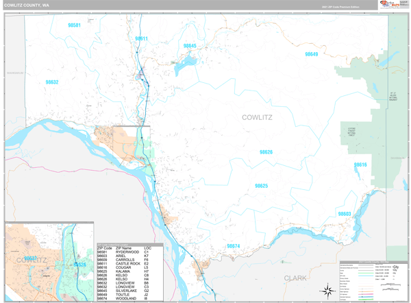 Cowlitz County, WA Wall Map Premium Style by MarketMAPS