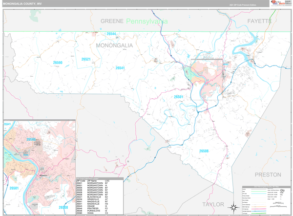 Monongalia County, WV Wall Map Premium Style by MarketMAPS