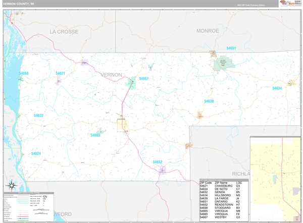 Vernon County, WI Wall Map Premium Style by MarketMAPS