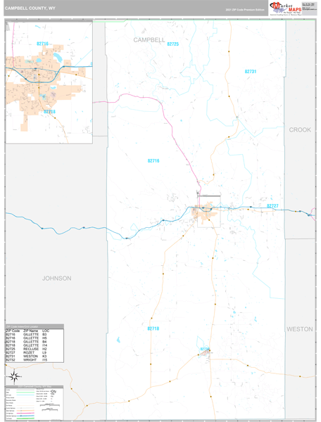 Campbell County, WY Wall Map Premium Style by MarketMAPS