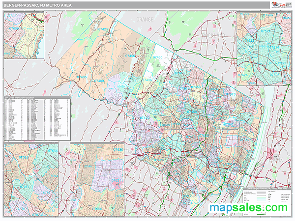 Bergen-Passaic, NJ Metro Area Wall Map Premium Style by MarketMAPS