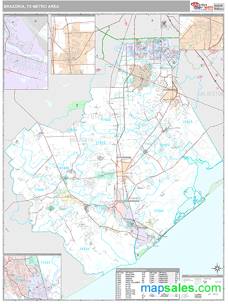 Brazoria, TX Metro Area Zip Code Wall Map Premium Style by MarketMAPS