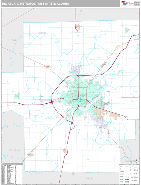 Decatur, IL Metro Area Wall Map Premium Style by MarketMAPS
