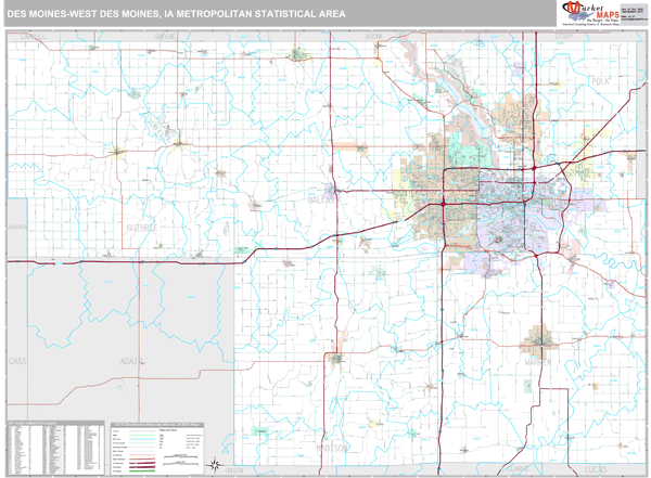 Des Moines-West Des Moines, IA Metro Area Wall Map Premium Style by ...