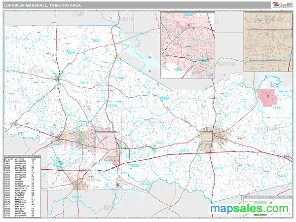 Longview-Marshall, TX Metro Area Zip Code Wall Map Premium Style by ...