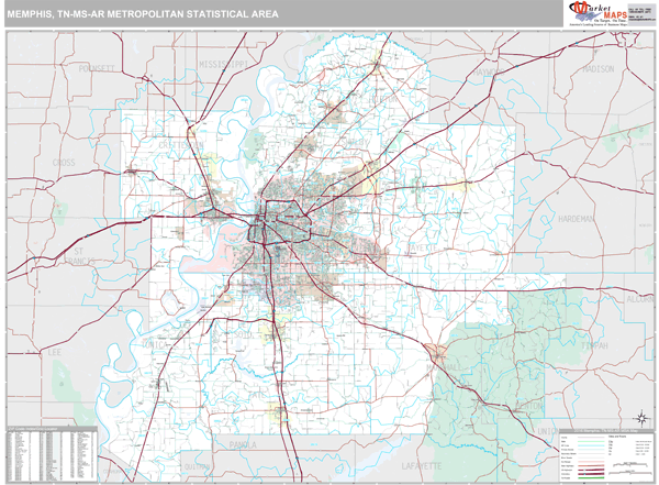 Memphis, TN Metro Area Wall Map Premium Style by MarketMAPS