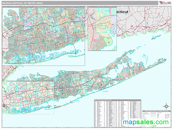 Nassau-Suffolk, NY Metro Area Zip Code Wall Map Premium Style by MarketMAPS