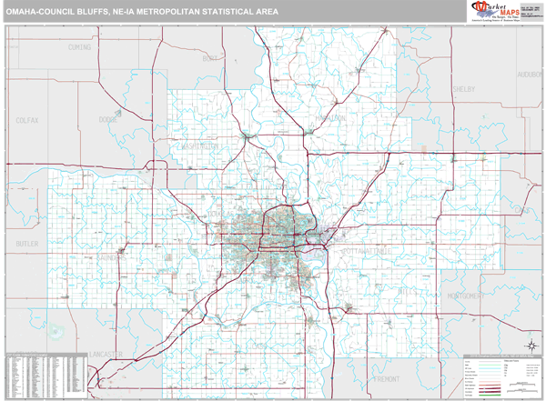 Omaha-Council Bluffs, NE Metro Area Wall Map Premium Style by MarketMAPS