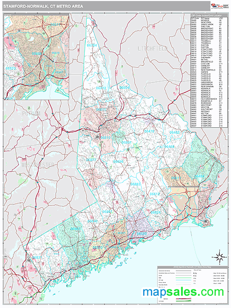 Stamford-Norwalk, CT Metro Area Zip Code Wall Map Premium Style by ...