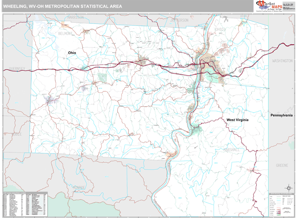 Wheeling, WV Metro Area Wall Map Premium Style by MarketMAPS