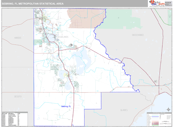 Sebring, FL Metro Area Wall Map Premium Style by MarketMAPS