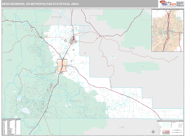 Bend-Redmond, OR Metro Area Zip Code Wall Map Premium Style by MarketMAPS