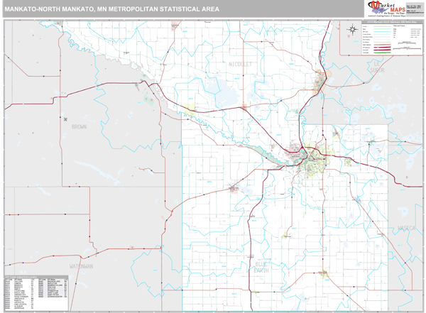 Mankato-North Mankato, MN Metro Area Wall Map Premium Style by MarketMAPS