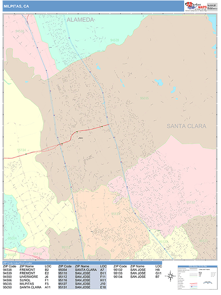 Milpitas California Wall Map (Color Cast Style) by MarketMAPS