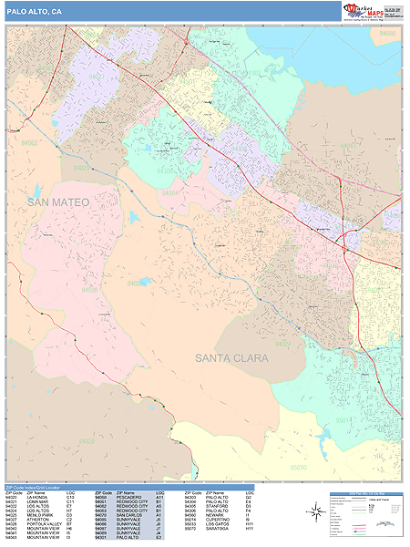 Palo Alto California Wall Map (Color Cast Style) by MarketMAPS