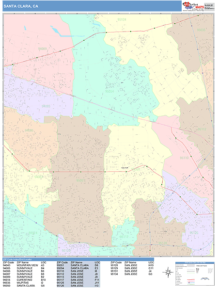 Santa Clara California Wall Map (Color Cast Style) by MarketMAPS