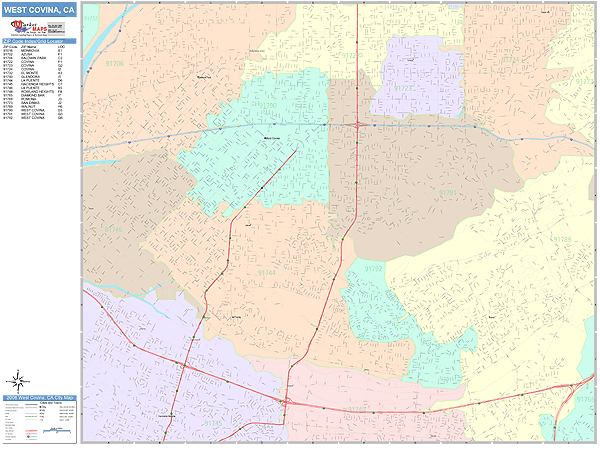 West Covina California Wall Map (Color Cast Style) by MarketMAPS