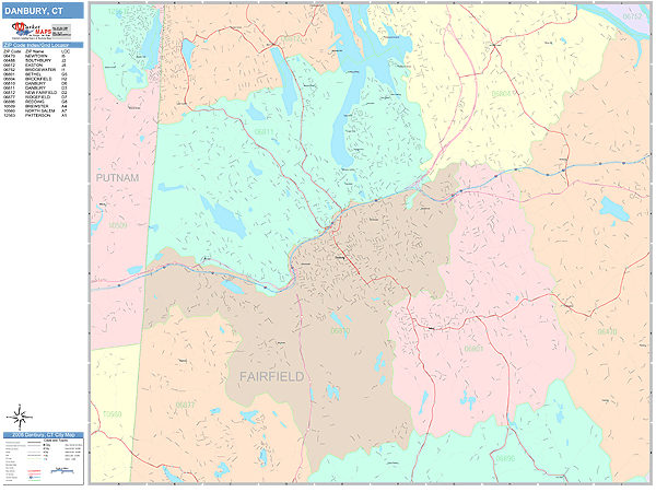 Danbury Connecticut Wall Map (Color Cast Style) by MarketMAPS