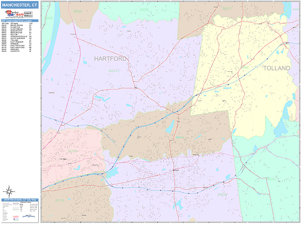 Manchester Connecticut Wall Map (Color Cast Style) by MarketMAPS