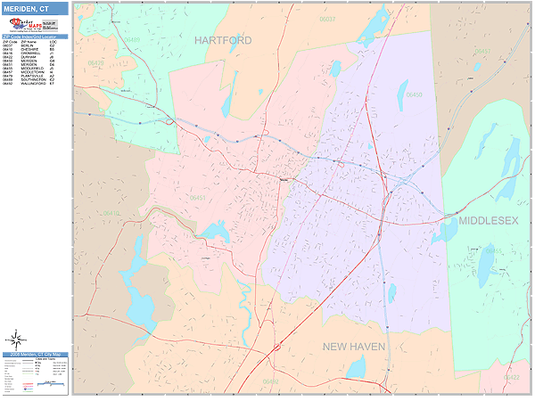 Meriden Connecticut Wall Map (Color Cast Style) by MarketMAPS
