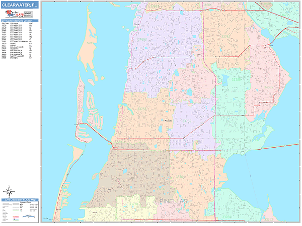 Clearwater Florida Wall Map (Color Cast Style) by MarketMAPS