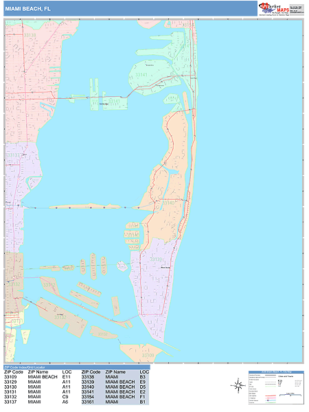 Miami Beach Florida Wall Map (Color Cast Style) by MarketMAPS