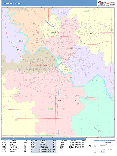 Cedar Rapids Iowa Wall Map (Color Cast Style) by MarketMAPS