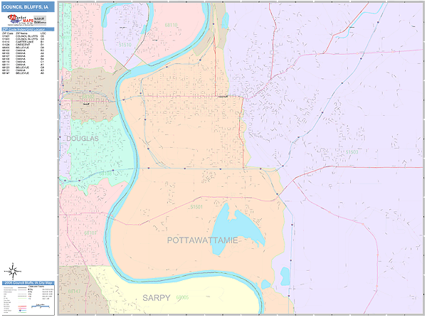 Council Bluffs Iowa Wall Map (Color Cast Style) by MarketMAPS